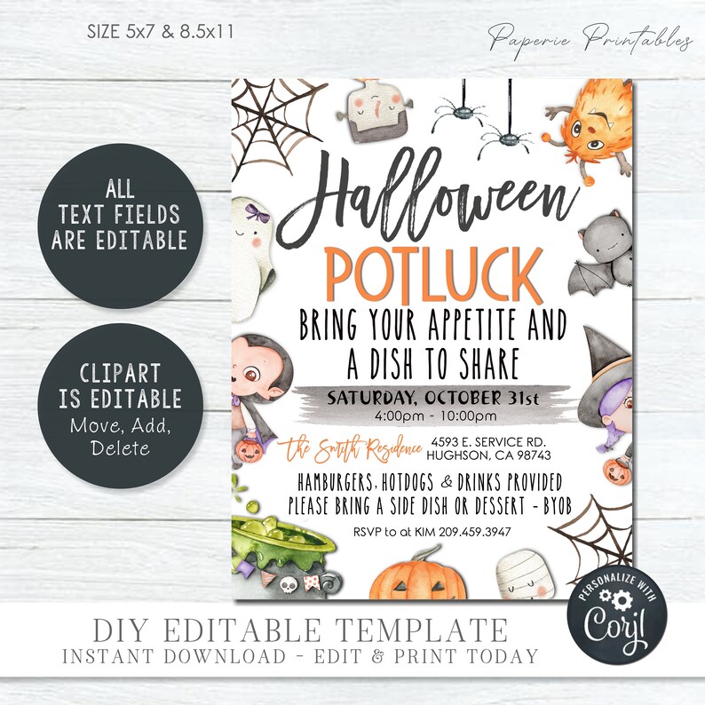 Editable Halloween Potluck Invitation Template (5x7 & 8.5x11) (DIY W ...