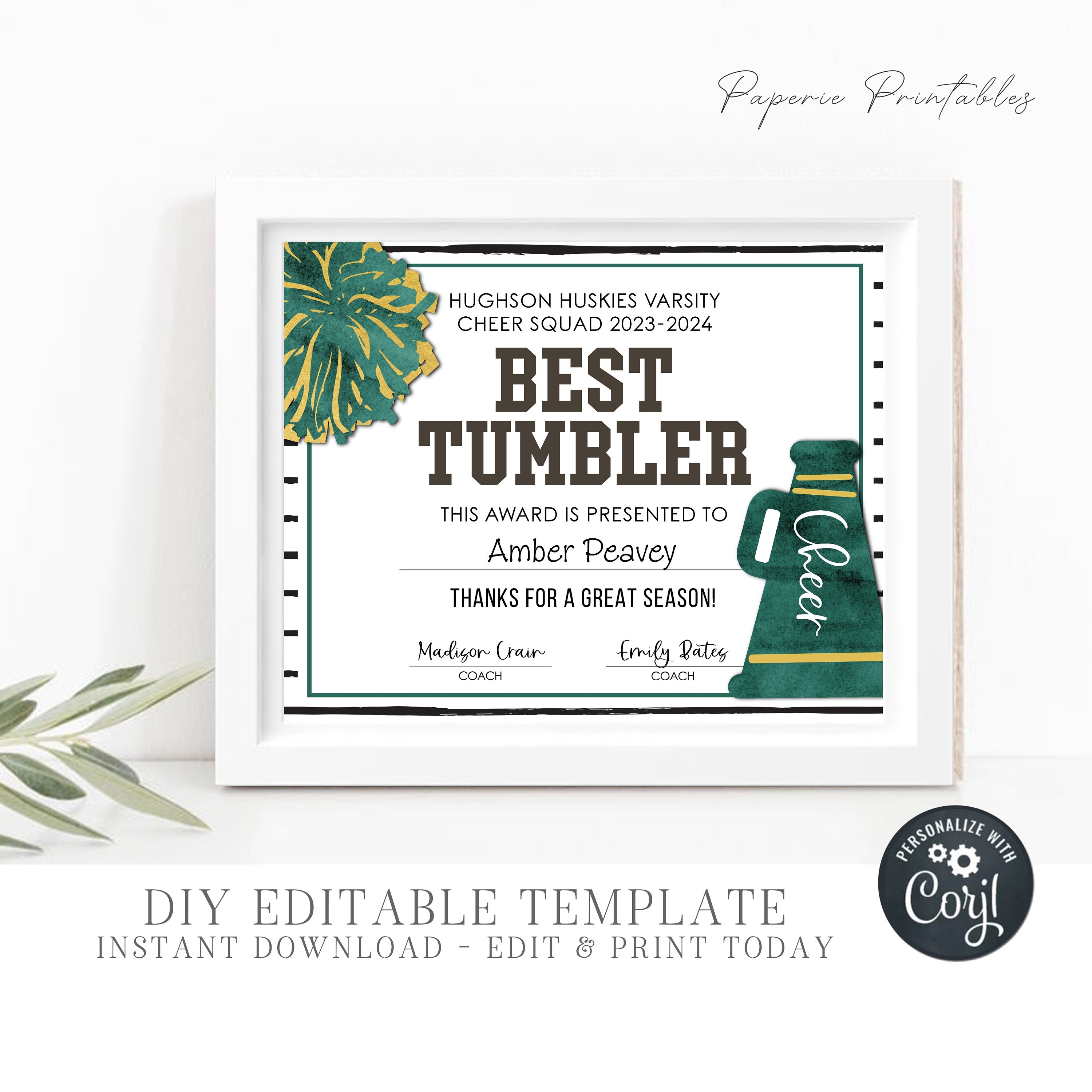 Editable Cheerleading Awards: Green & Gold Team Certificate (DIY W ...