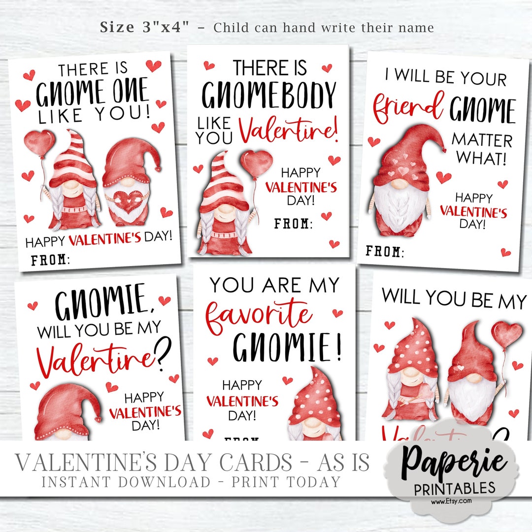 Gnome Valentine Cards, Kids Valentine Cards, Gnomes Valentine Printable ...