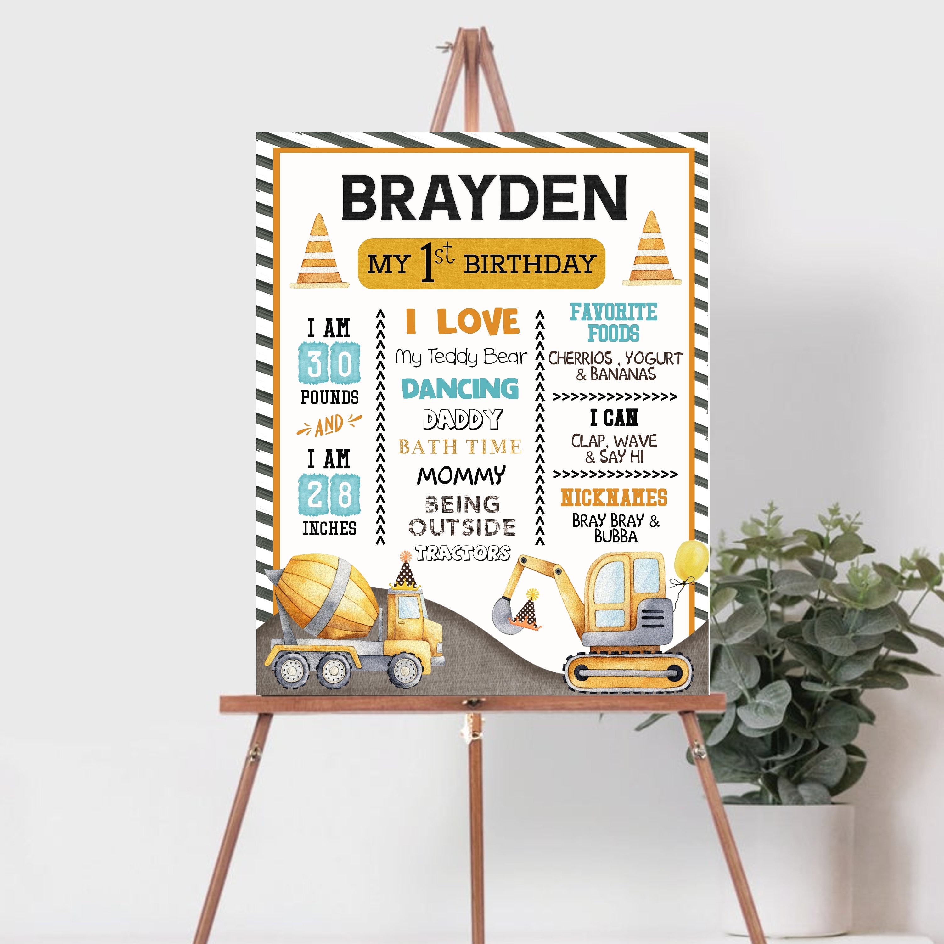 Construction Birthday Milestone Poster: Editable Stats Board (digital ...