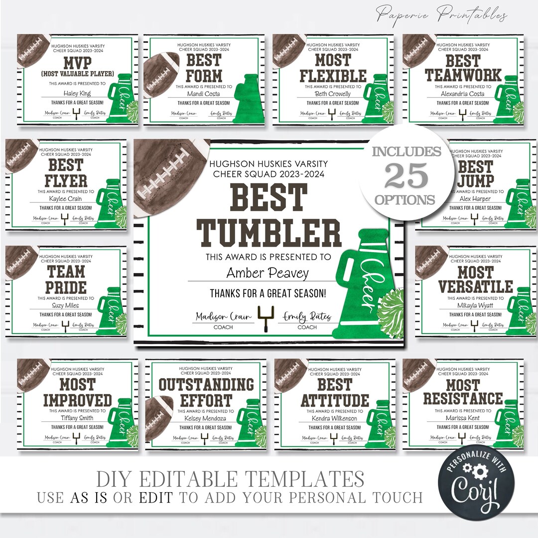 Editable Cheerleading Award Certificate: Green & White Team (DIY Corjl ...
