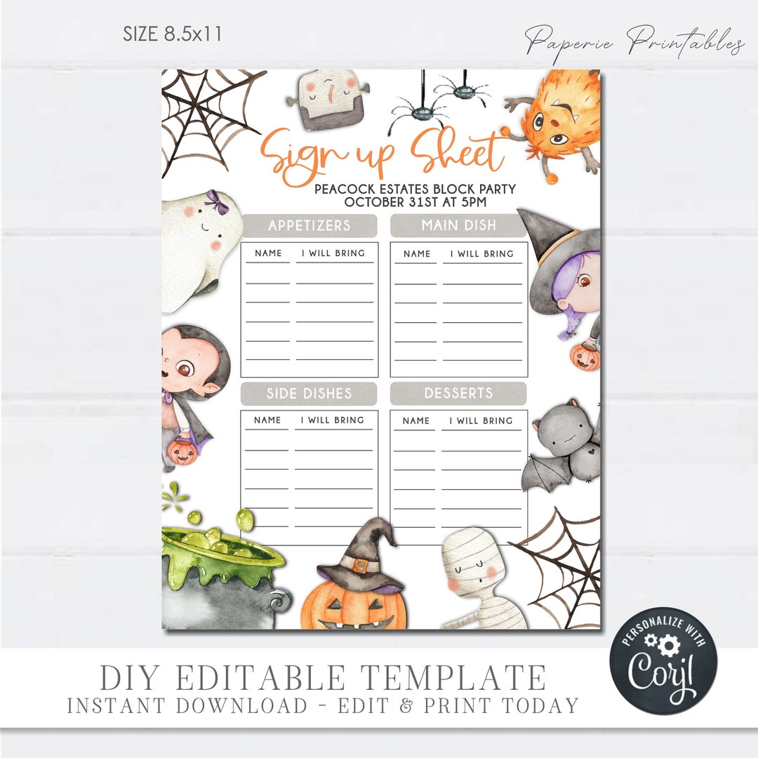 Editable Halloween Potluck Sign up Sheet (digital Download) #HP33 - Etsy