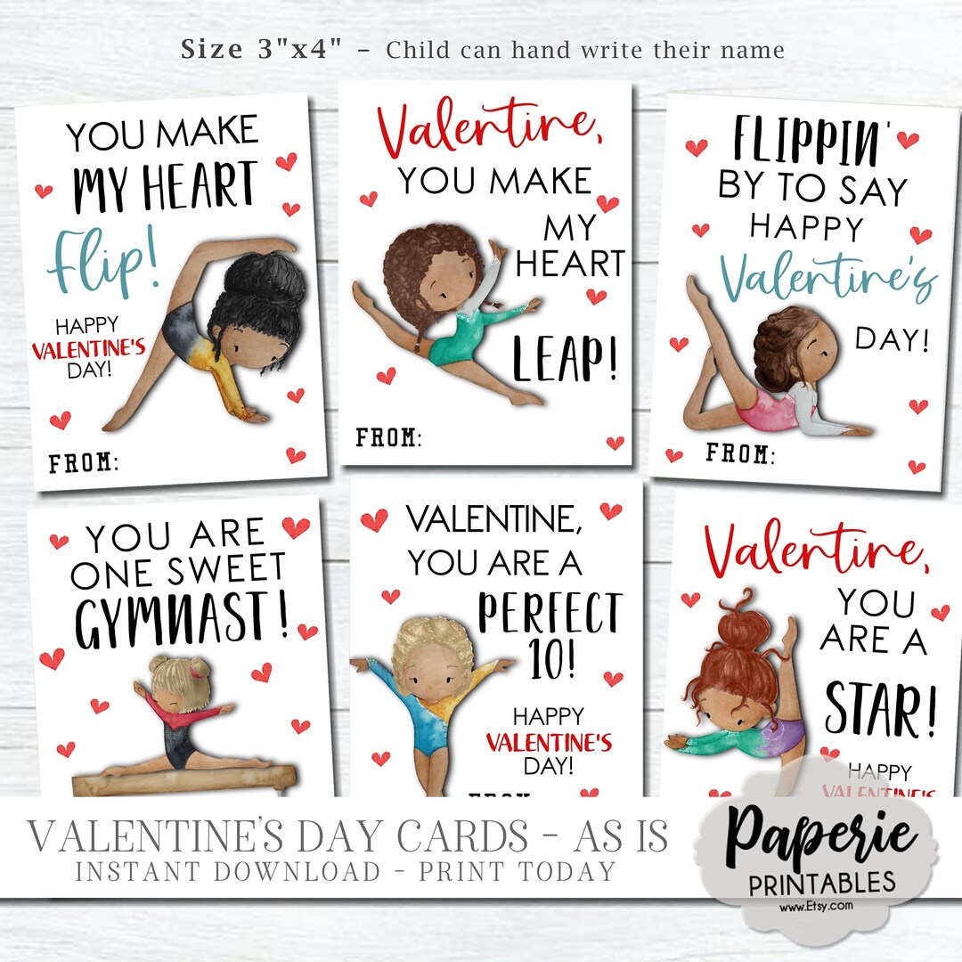 Gymnastics Valentine Card for Kids, Kids Valentine Cards, Gymnast ...