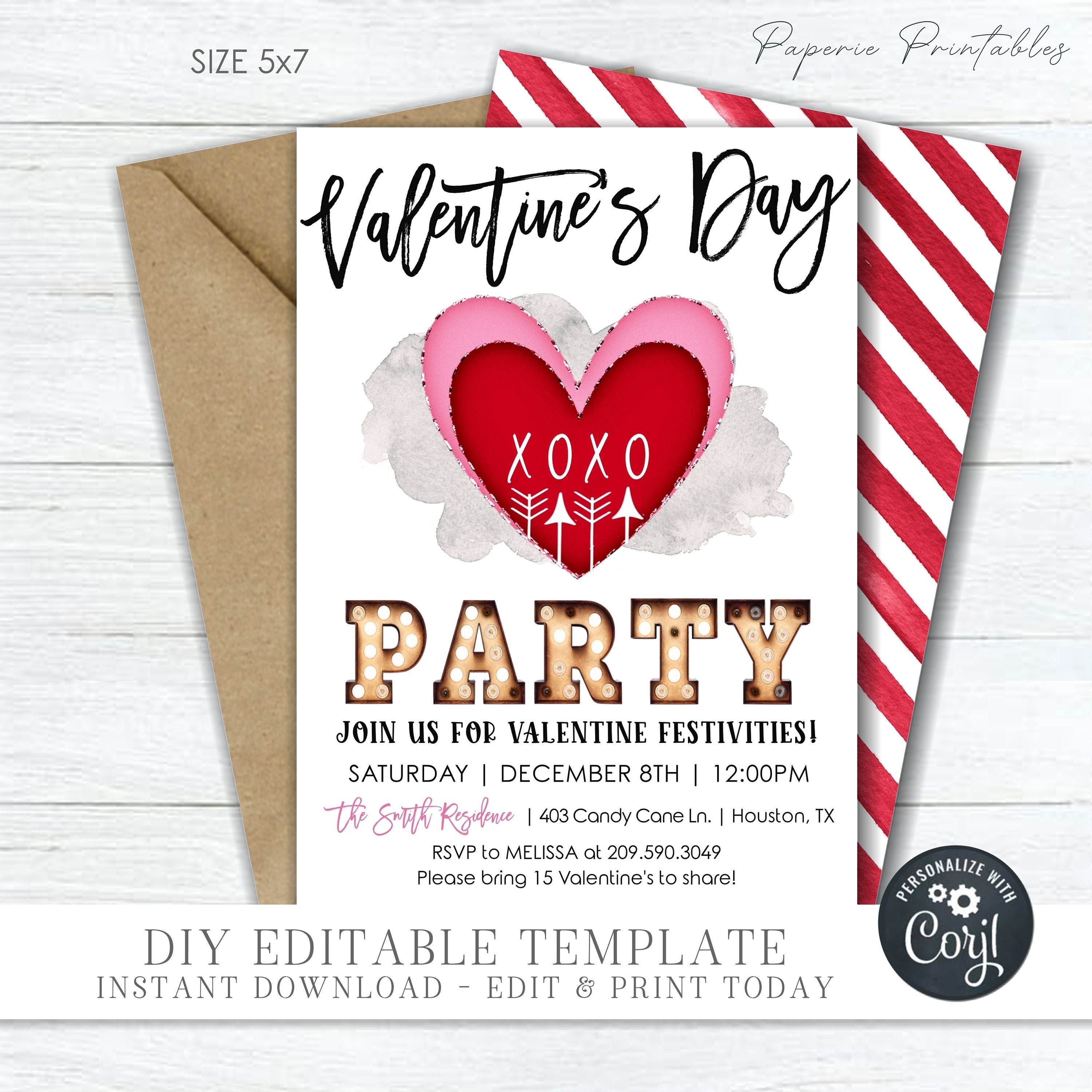 Editable Valentine's Day Party Invitation: Heart Design (DIY Corjl ...