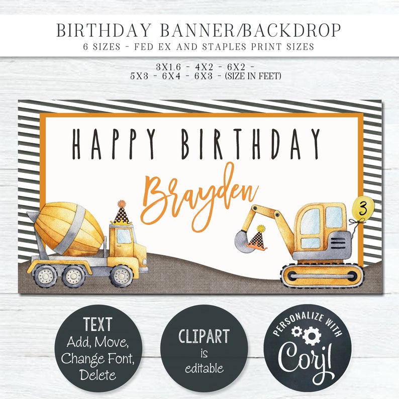 EDITABLE Construction Birthday Backdrop Construction - Etsy