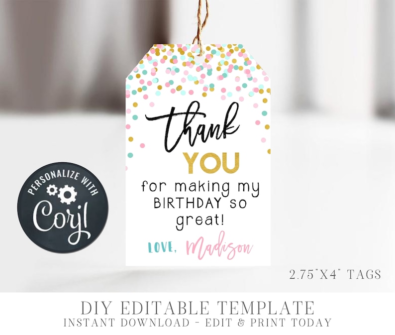 EDITABLE Confetti Birthday Favor Tag Editable Favor Tag Girl | Etsy