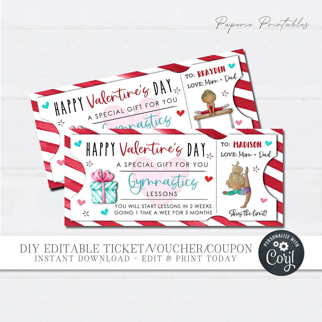 Editable Gymnastics Lessons Valentine's Day Coupon (digital Download ...