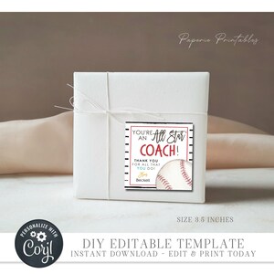 EDITABLE Coach Appreciation Gift Tag, Baseball Coach Appreciation Tag ...