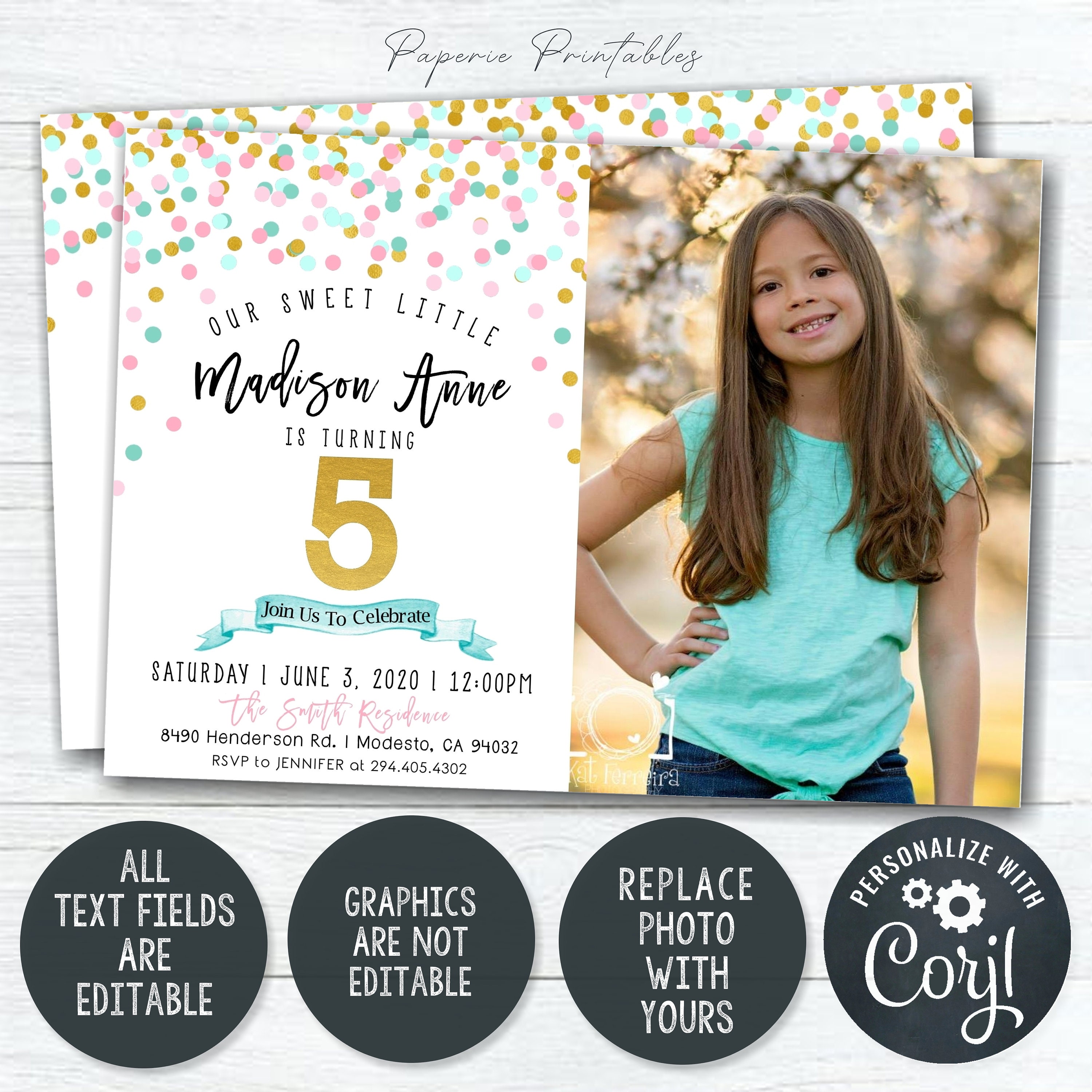 EDITABLE Girl Birthday Party Invitation Template Confetti - Etsy
