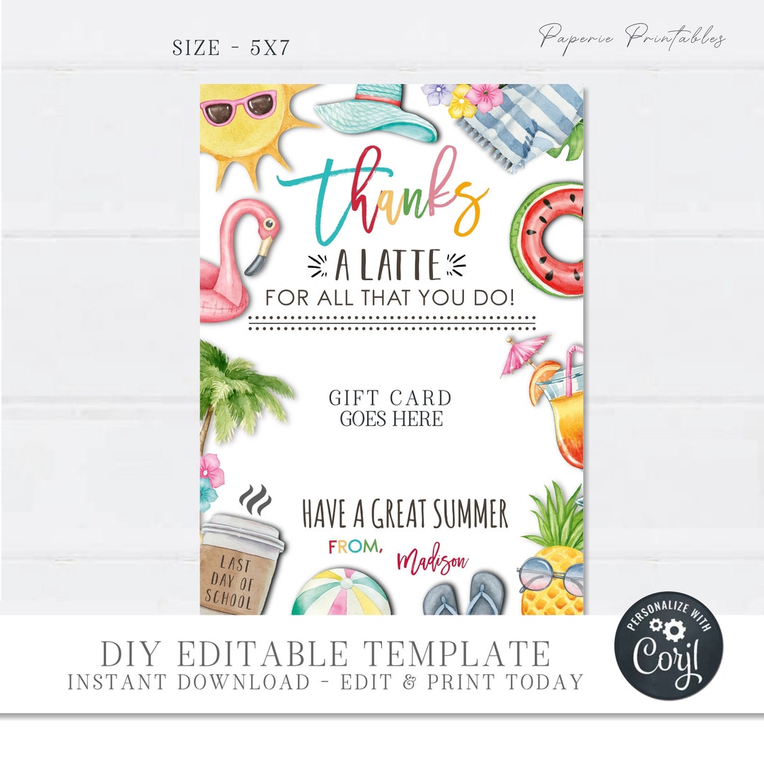 Editable Teacher Coffee Gift Card Holder: Summer Theme (digital ...