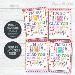 Teacher Valentine, Gummy Bear Valentine Tags, I'm so Beary Glad You're ...