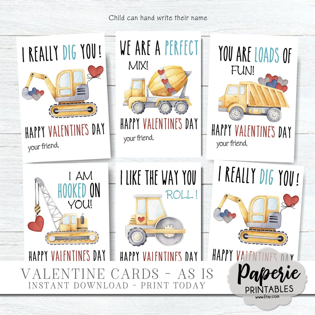 Kid Construction Valentine Tags, Kids Valentine Cards, I Really Dig You ...