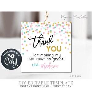 EDITABLE Confetti Birthday Favor Tag, Editable Favor Tag, Girl Birthday ...