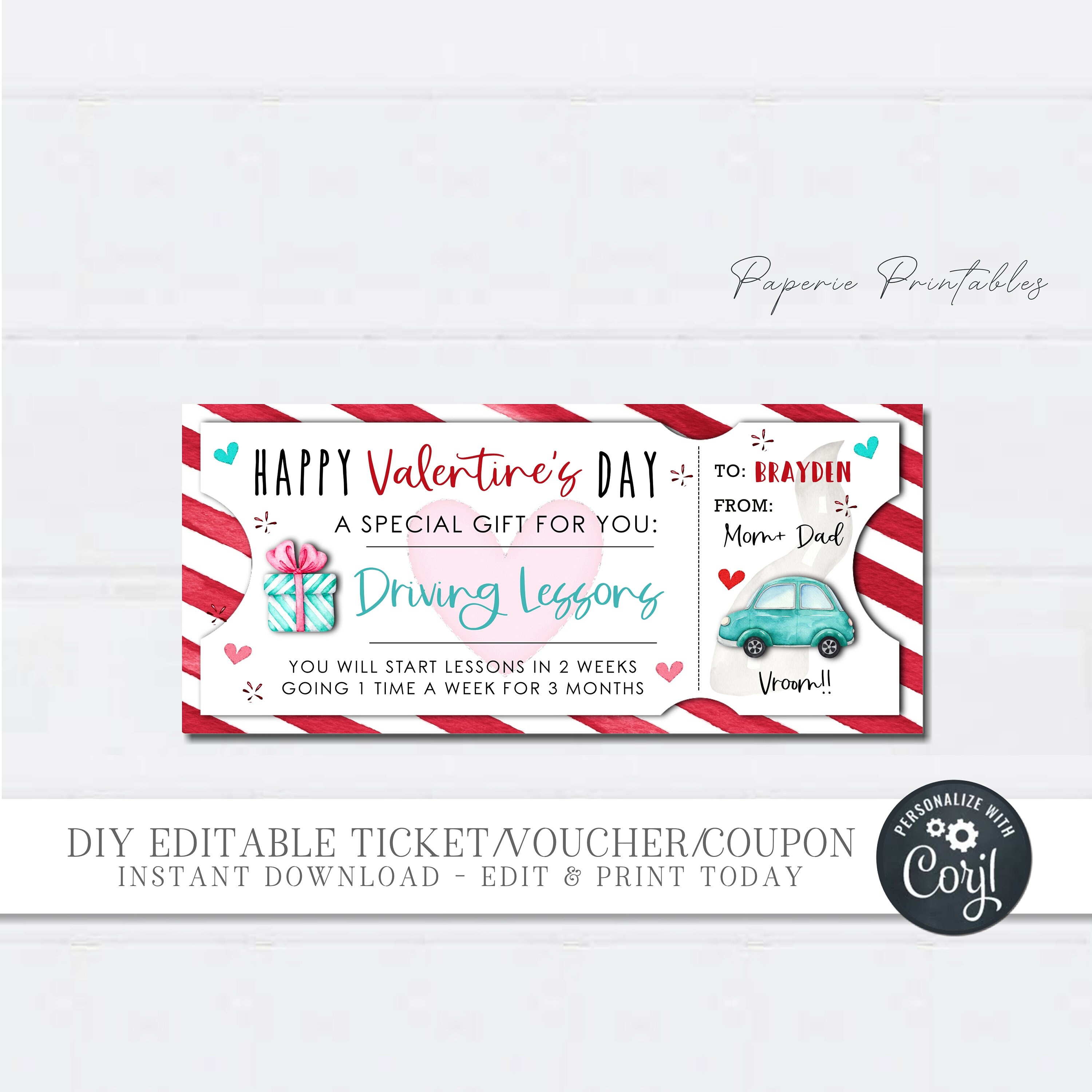 EDITABLE Driving Lessons Valentine Gift, Driving Lessons Gift Coupon ...