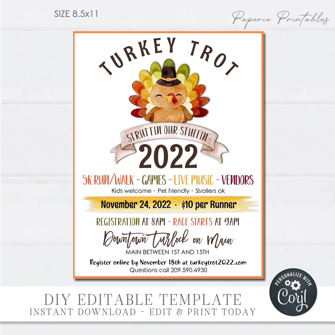 EDITABLE Thanksgiving Day Turkey Trot Flyer, Turkey Trot 2022 Flyer ...