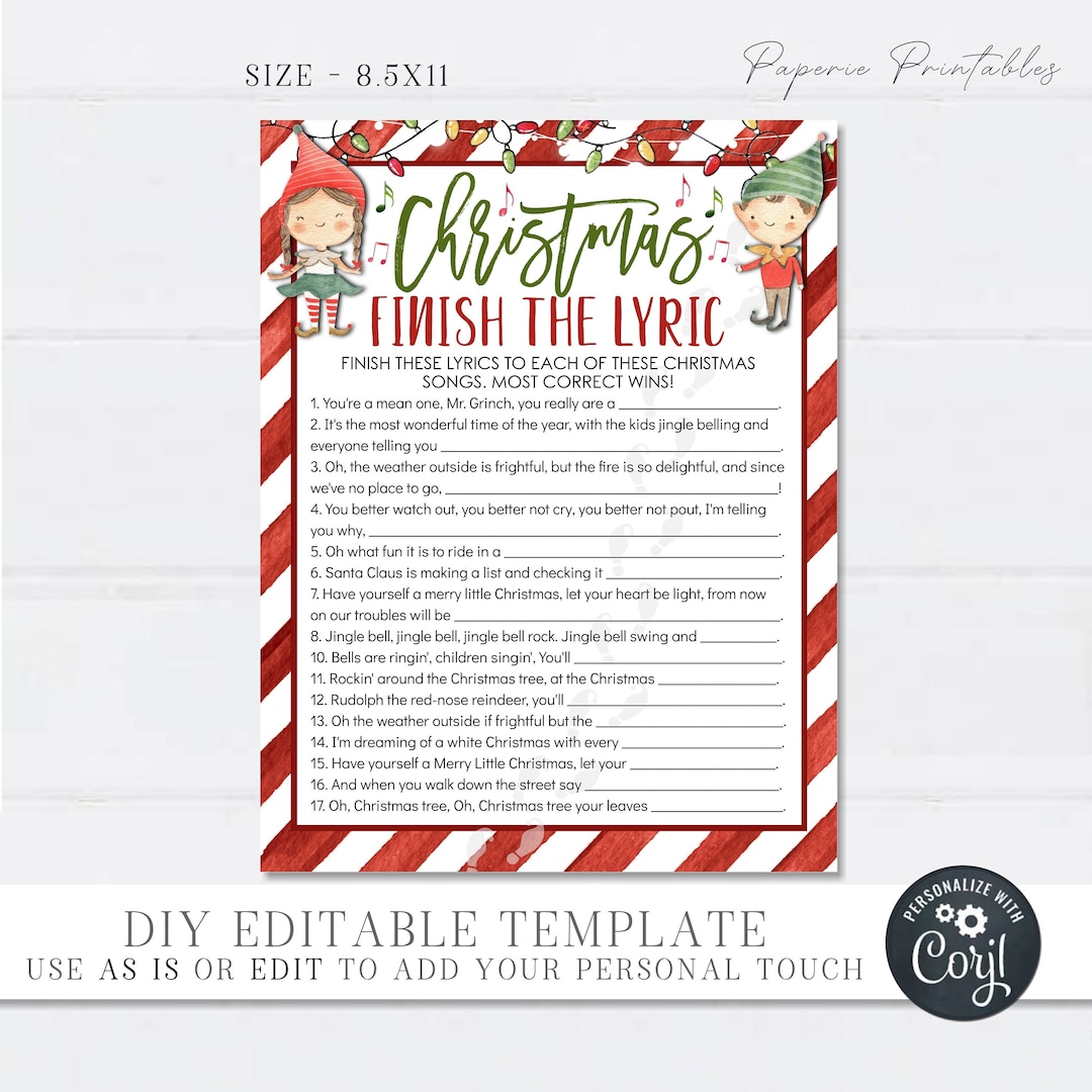 Editable Christmas Song Lyric Game: Printable Family Activity (digital ...