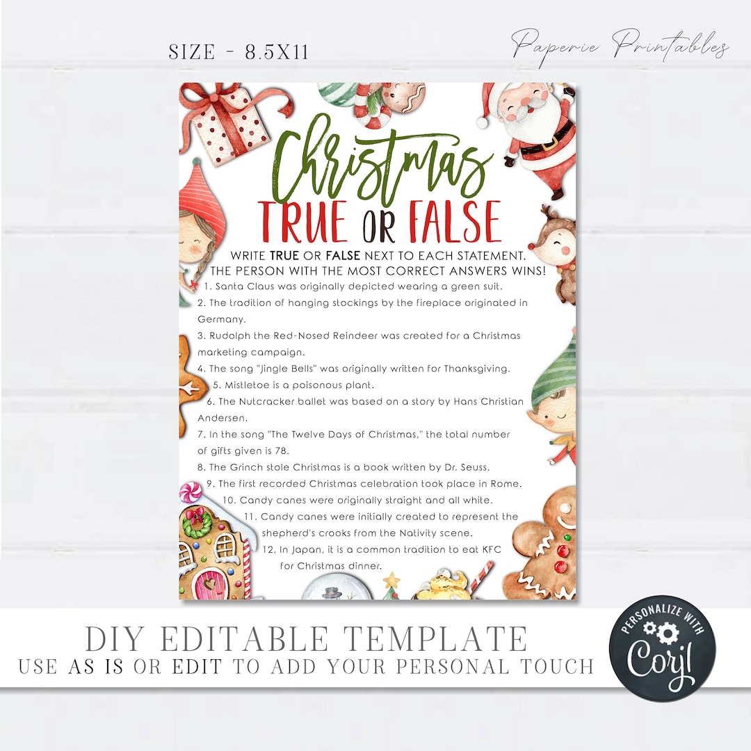 EDITABLE Christmas True or False Game, Christmas Trivia Printable ...