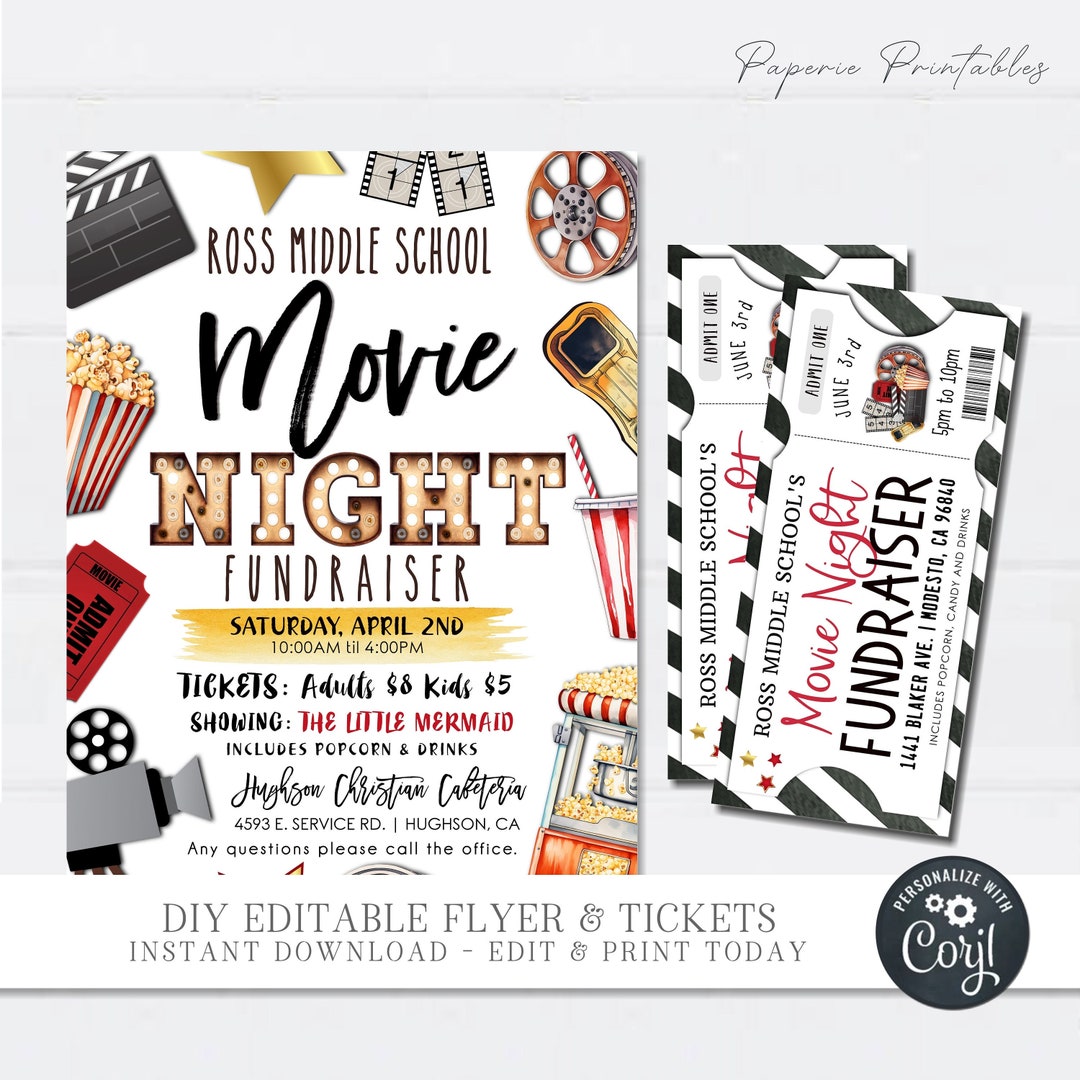 Editable Movie Night Fundraiser Flyer and Tickets (digital Download) # ...