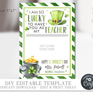 EDITABLE St. Patrick's Day Teacher Gift Card Holder, TEACHER St ...