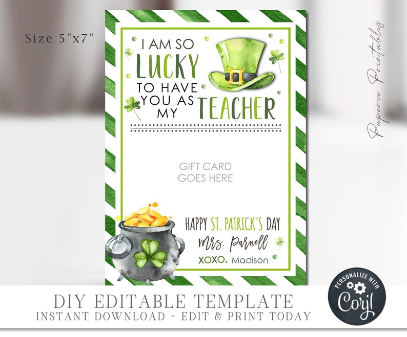 EDITABLE St. Patrick's Day Teacher Gift Card Holder - Etsy