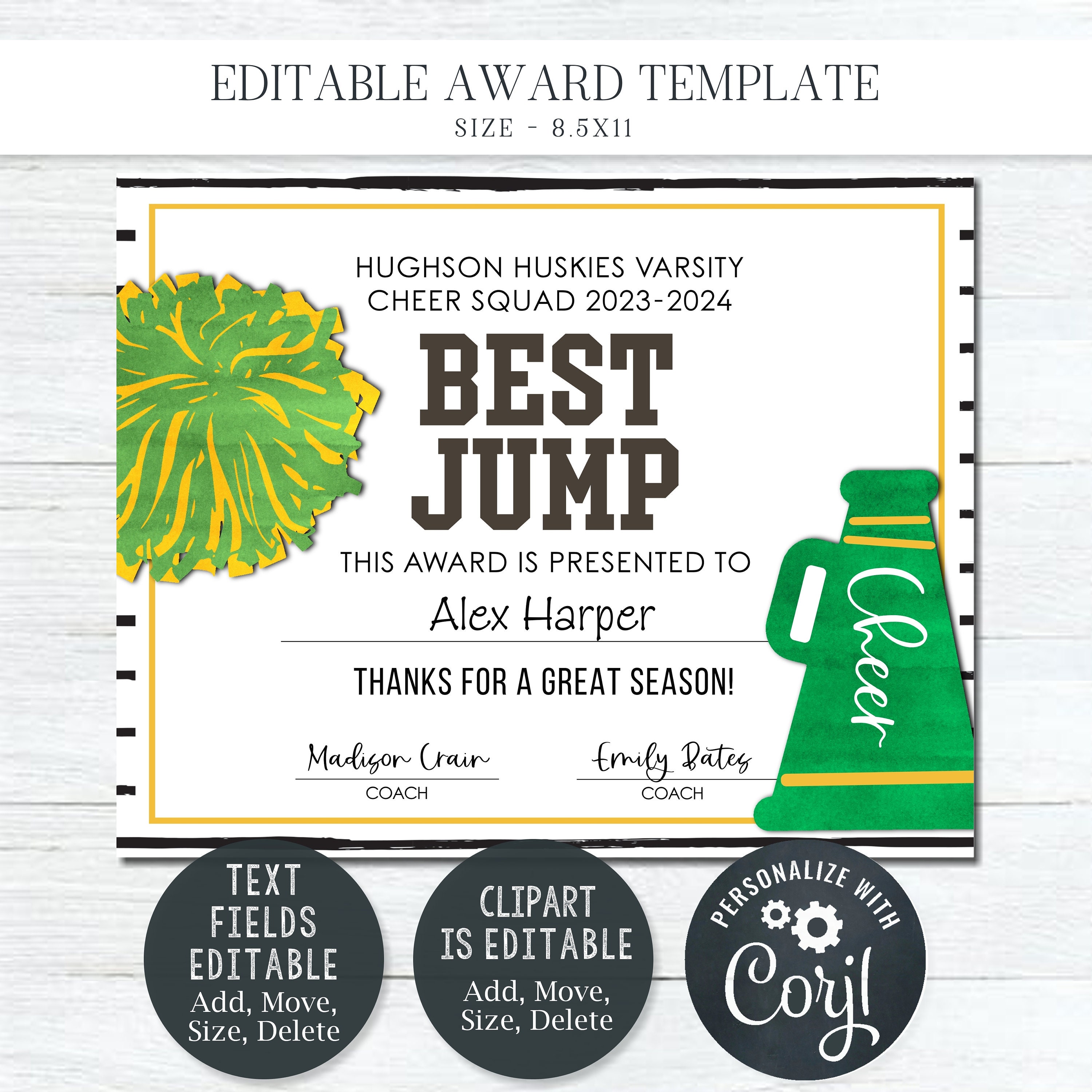 Editable Cheerleading Award Certificate: Green & Yellow Team Awards ...