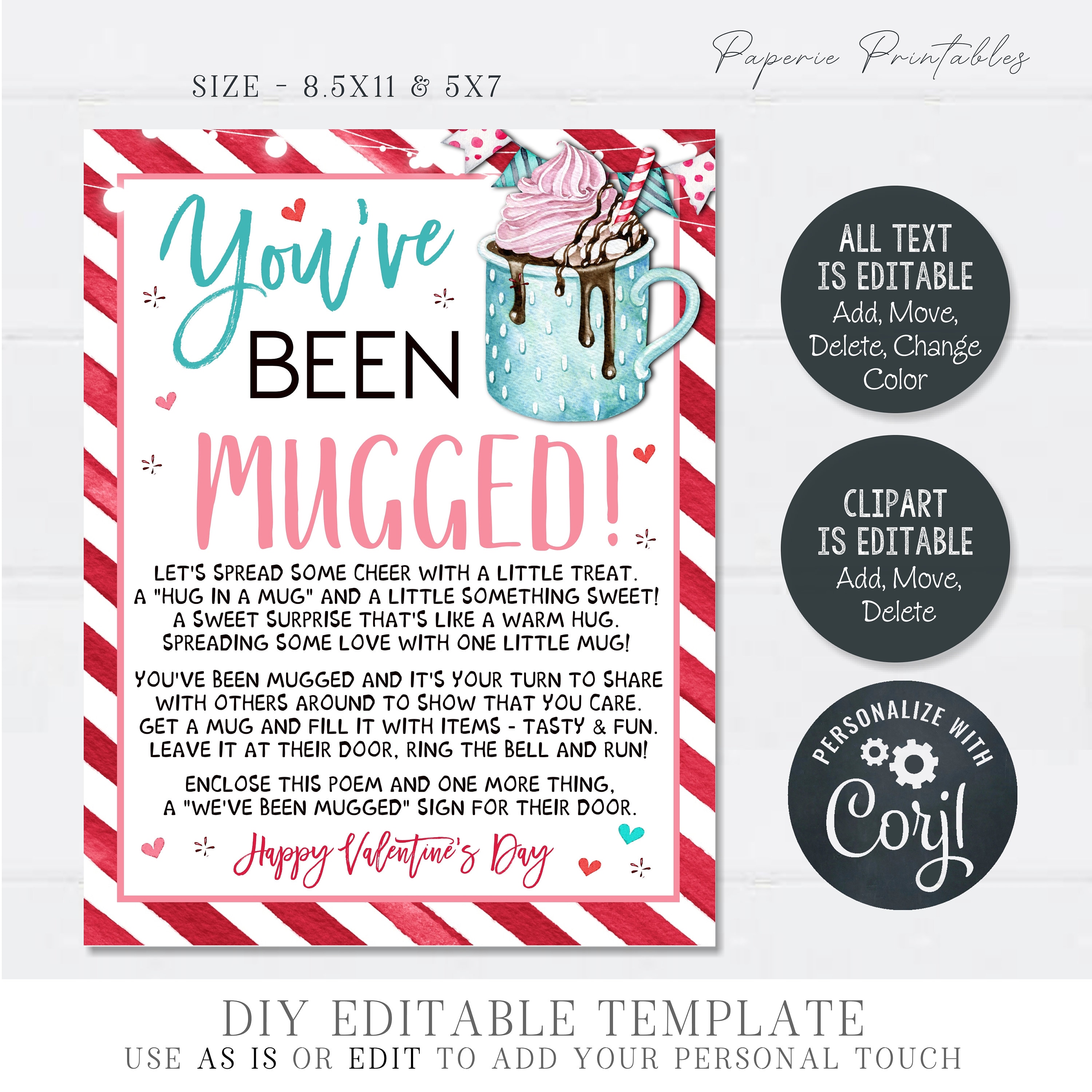 EDITABLE You've Been Mugged Valentine Printables Hug in a - Etsy