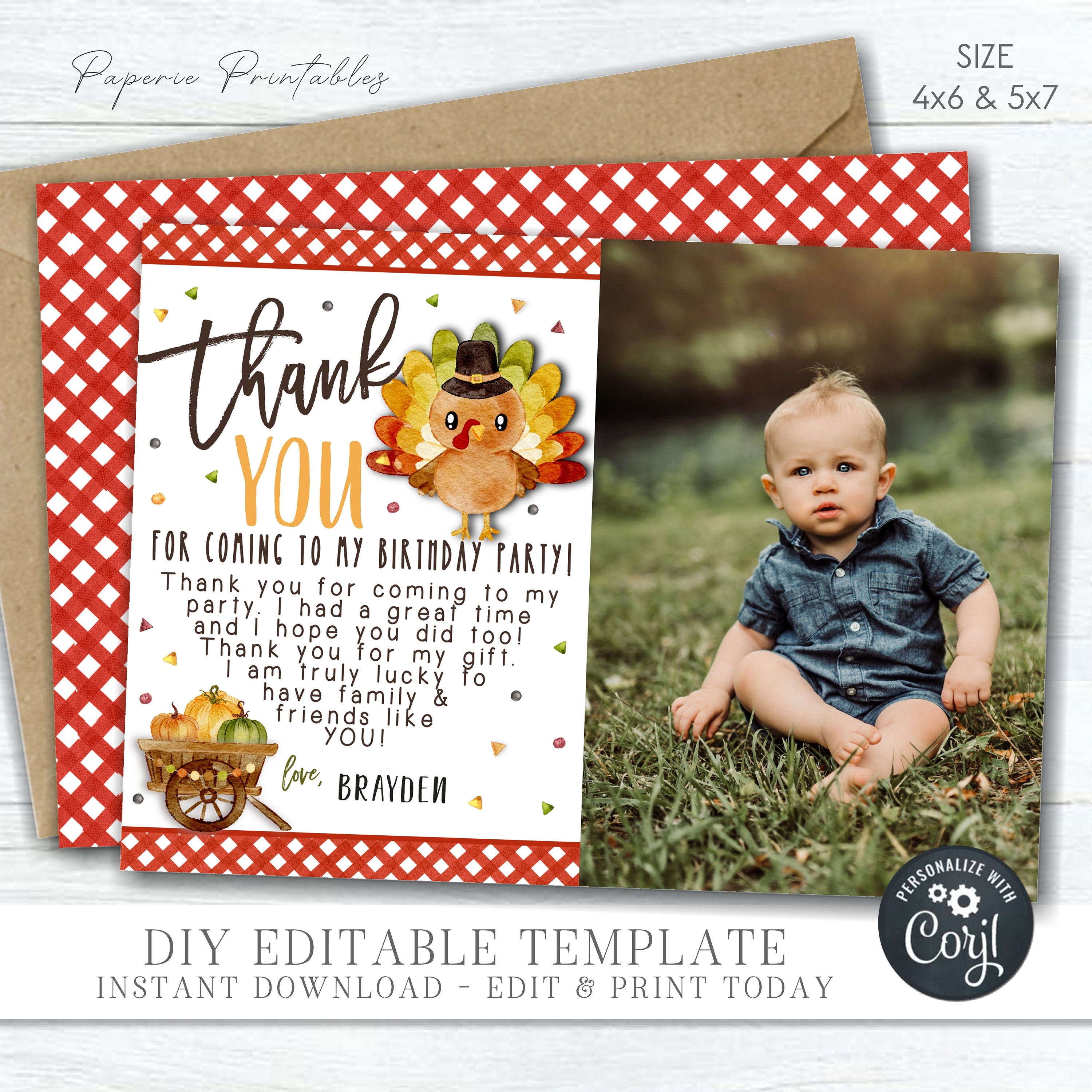 EDITABLE Little Turkey Birthday Thank You Card Thanksgiving | Etsy