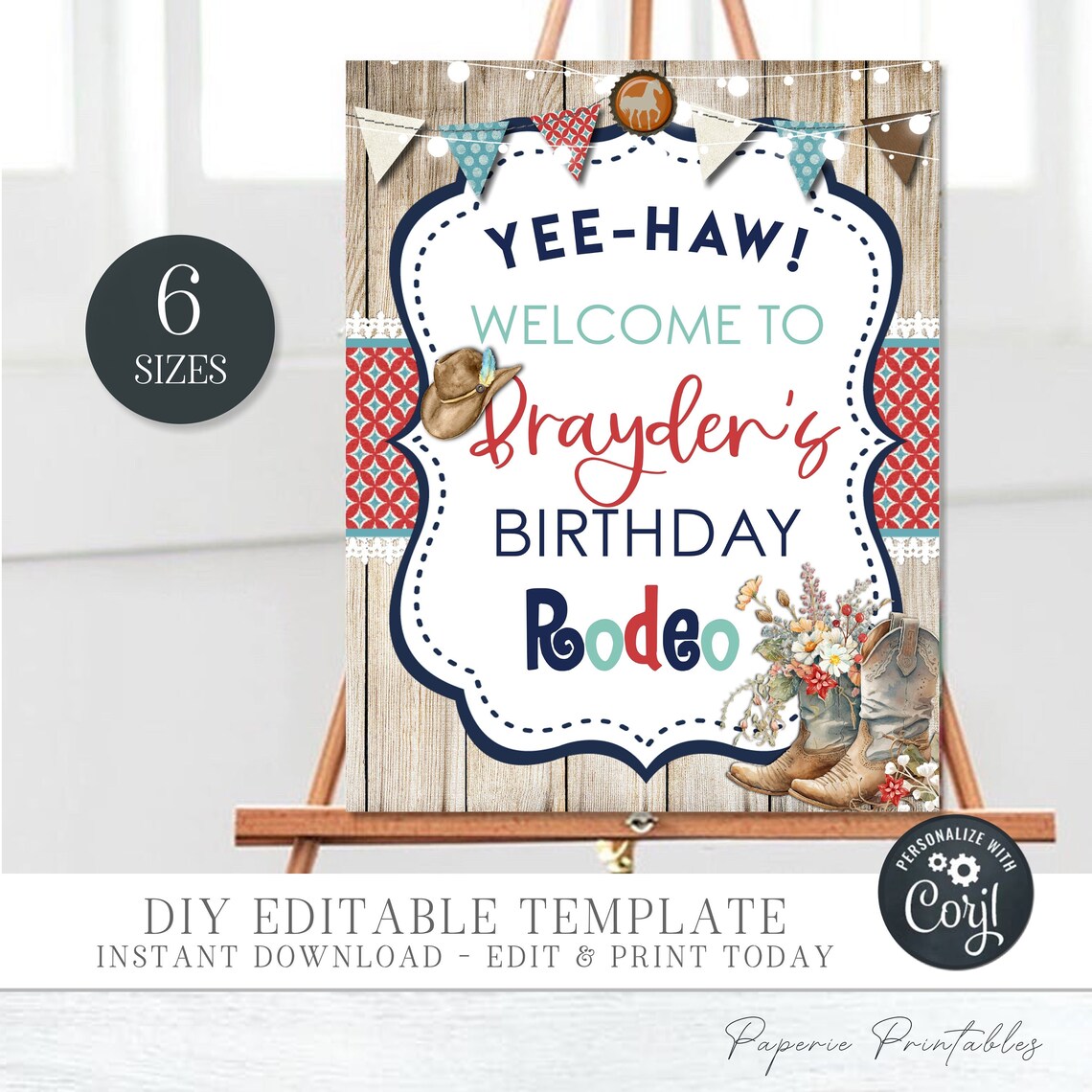Editable Cowboy Birthday Welcome Sign: Western Rodeo Party (DIY Corjl ...