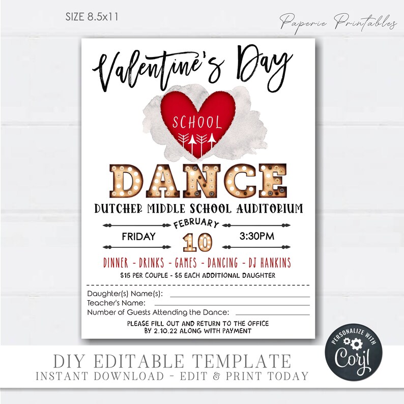Editable Valentine's Day School Dance Flyer Invitation (DIY Corjl) - Etsy