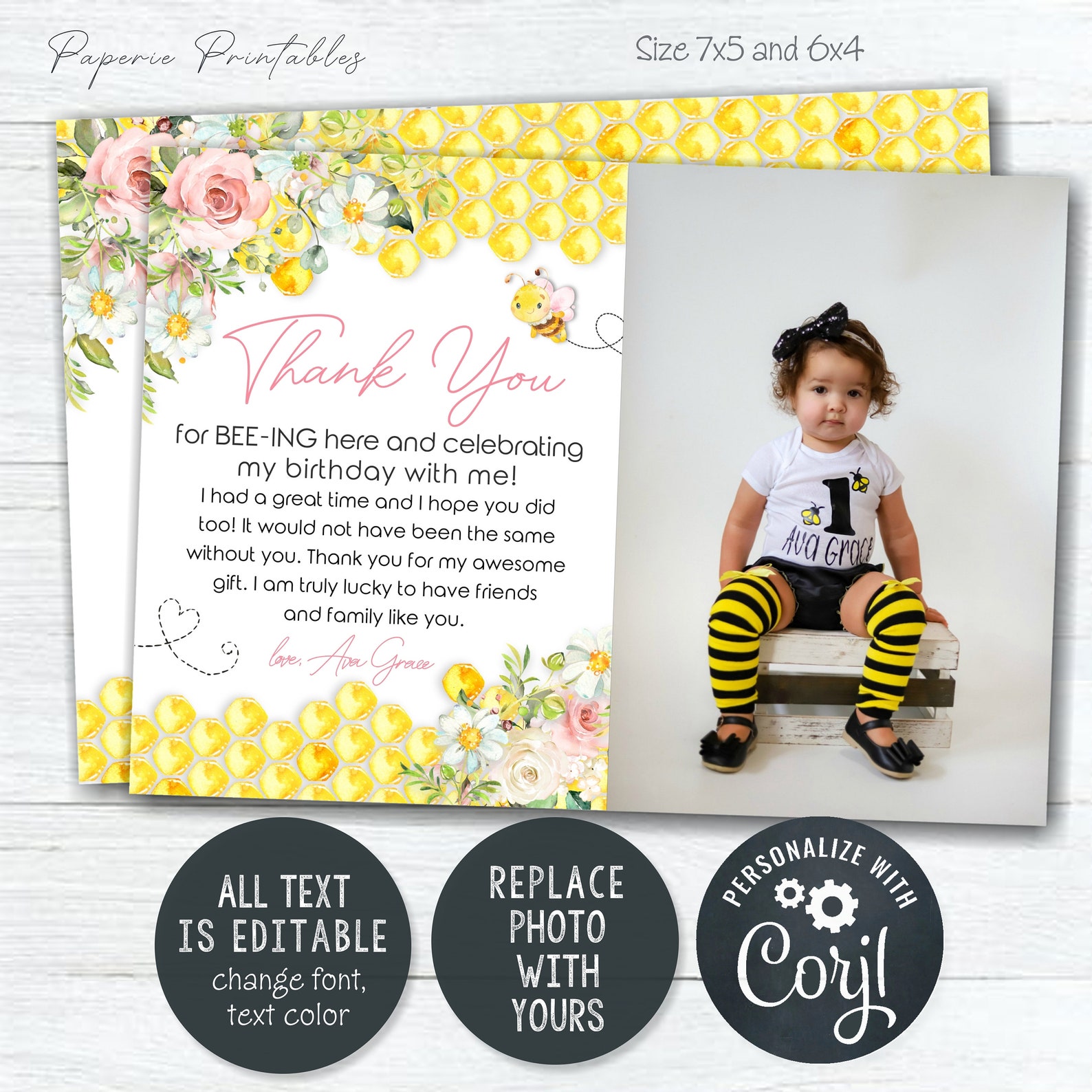 Editable Bee Birthday Thank You Card (corjl Digital Download) #BP117 ...