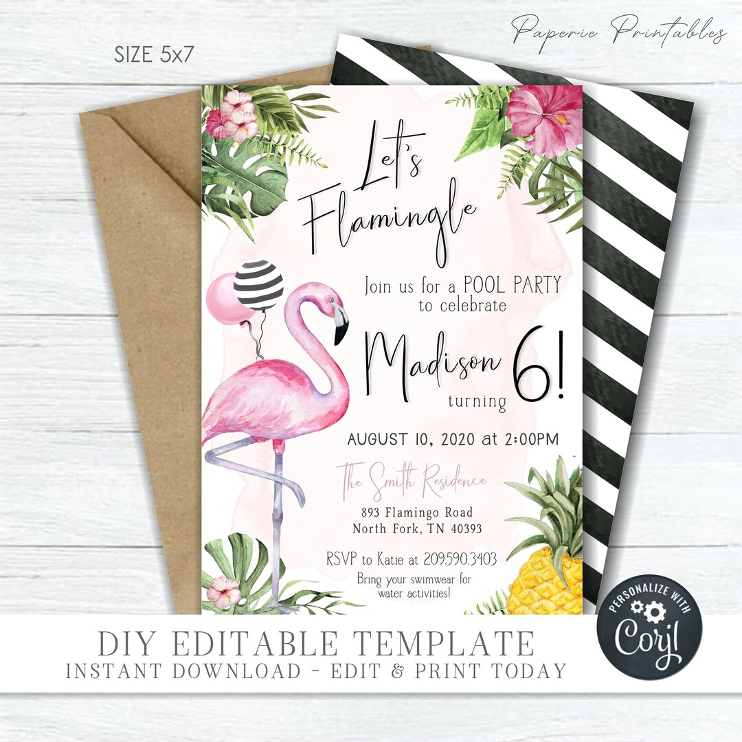 EDITABLE Flamingo Birthday Invitation, Flamingo Pool Party Invitation ...