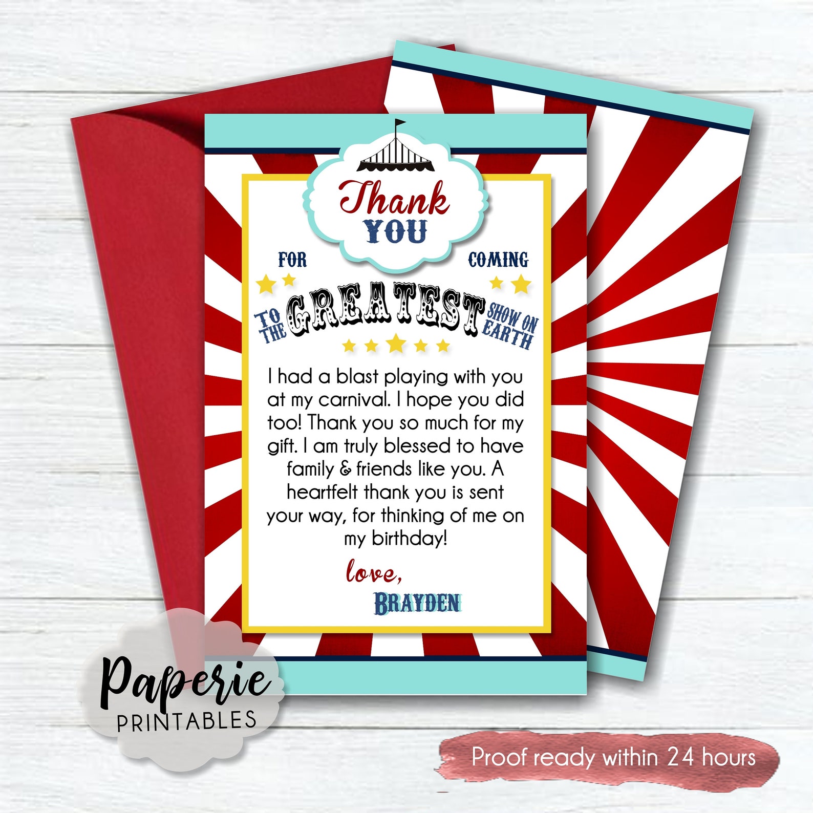 Circus Birthday Thank You Card Carnival Birthday Thank You - Etsy