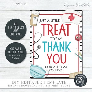 Editable Nurse Appreciation Sign: Thank You Treat, DIY Corjl (digital ...