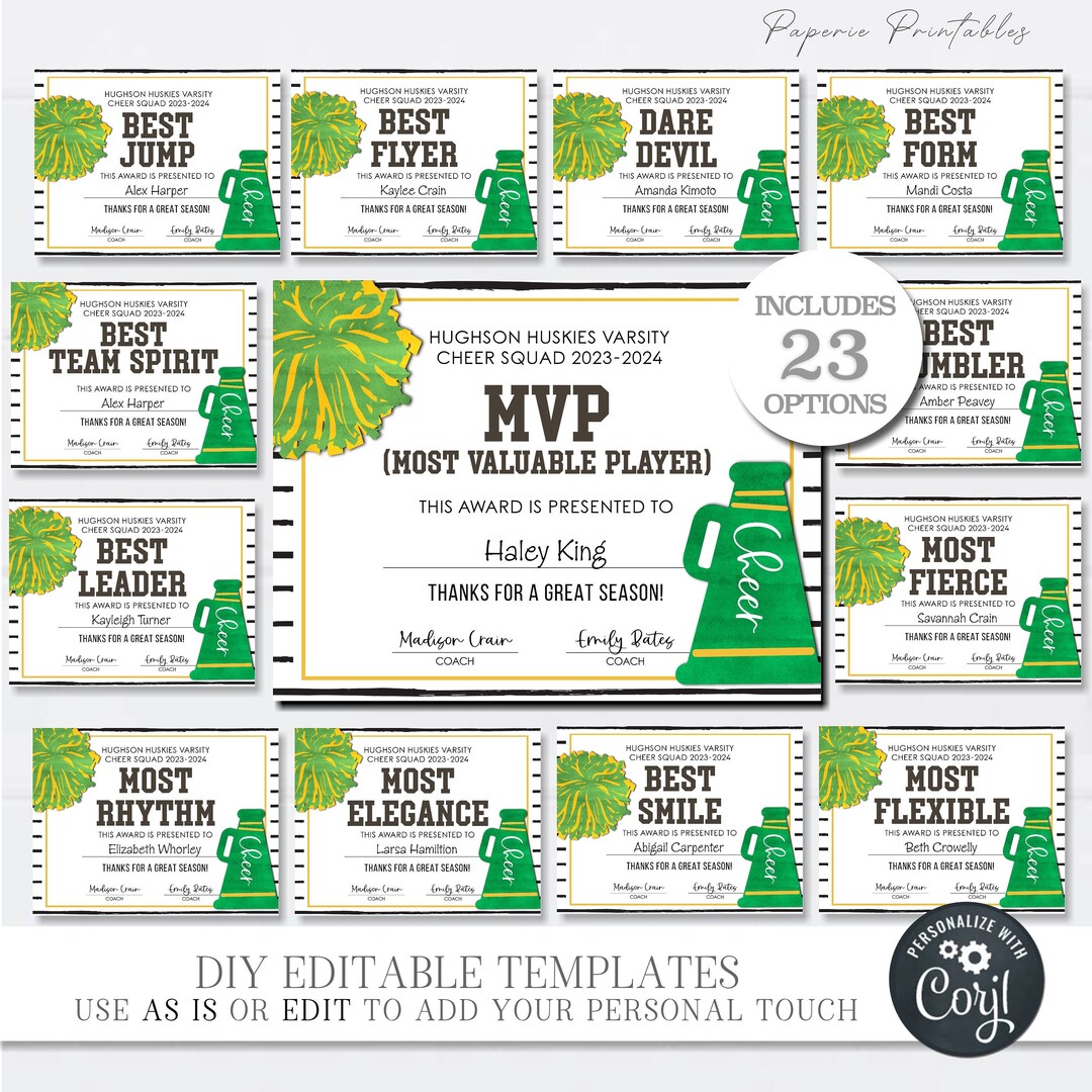 Editable Cheerleading Award Certificate: Green & Yellow Team Awards ...