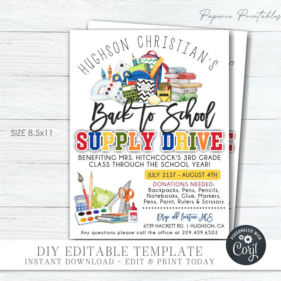 EDITABLE Back to School Supply Drive Flyer, School Supply Drive Flyer ...