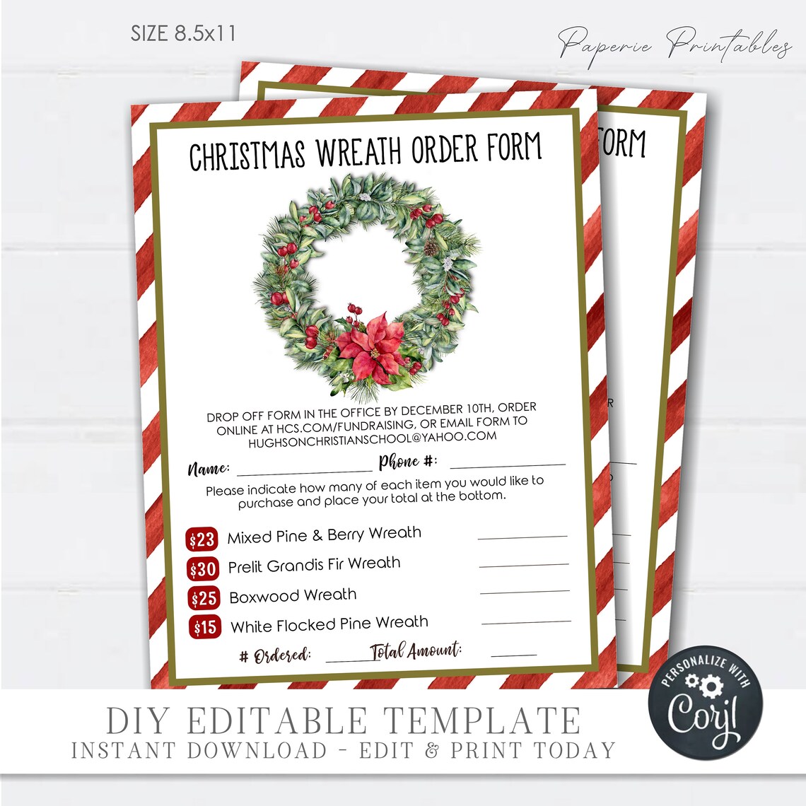 Editable Christmas Wreath Fundraising Order Form (DIY Corjl) #CF26 # ...