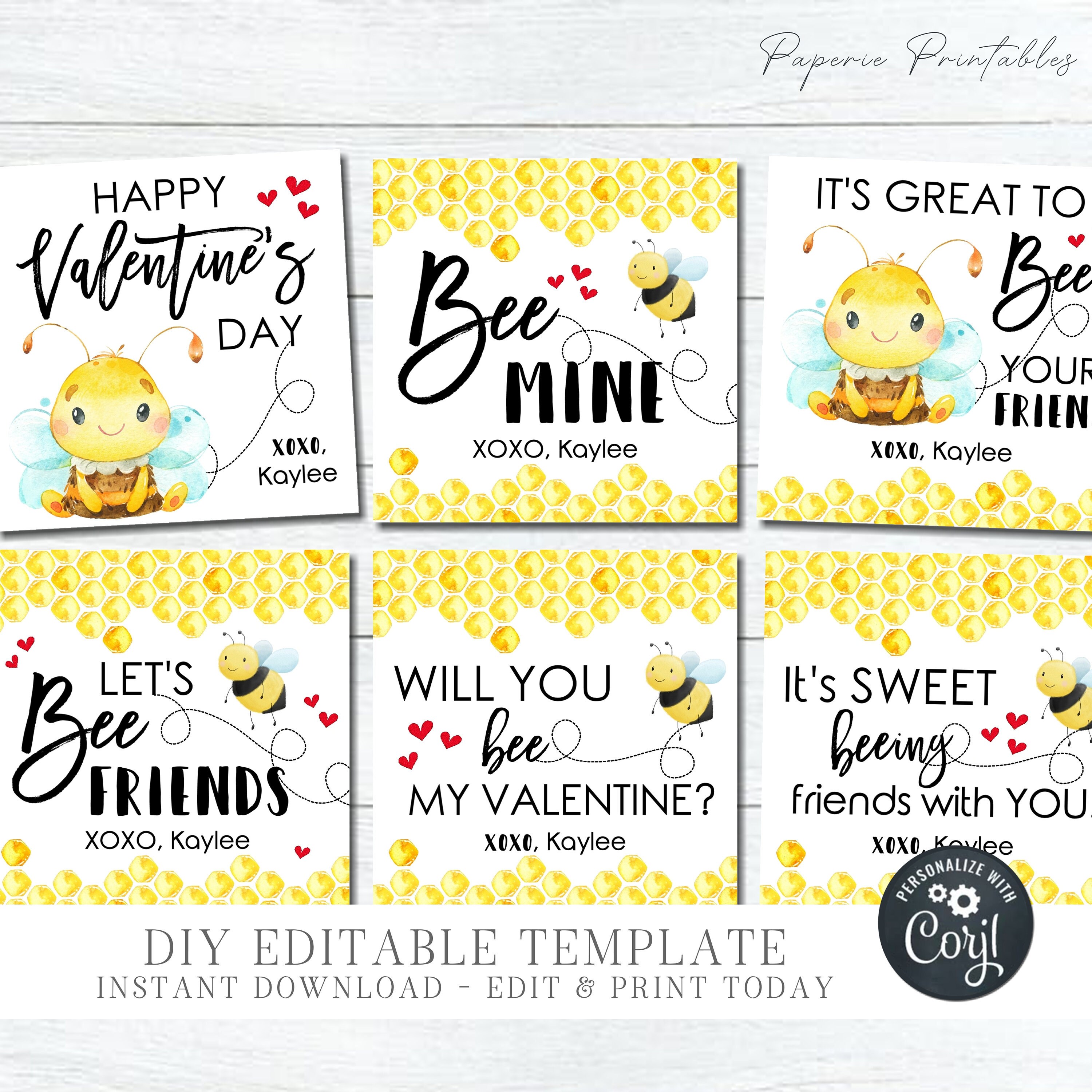 Editable Bee Valentine Cards: Kids Valentine's Day Tags (digital ...