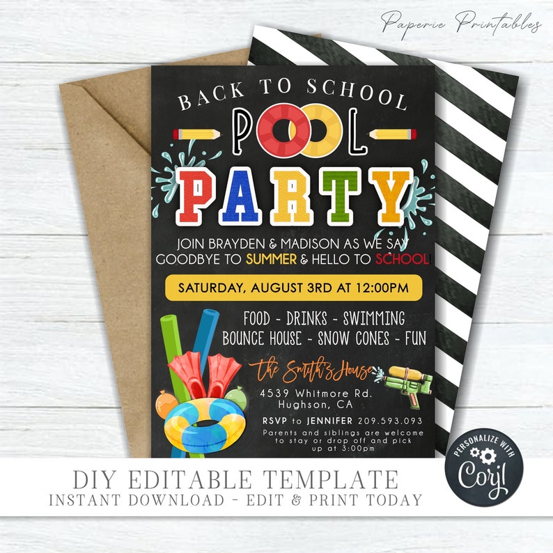 EDITABLE Back to School Pool Party Invitation End of Summer - Etsy