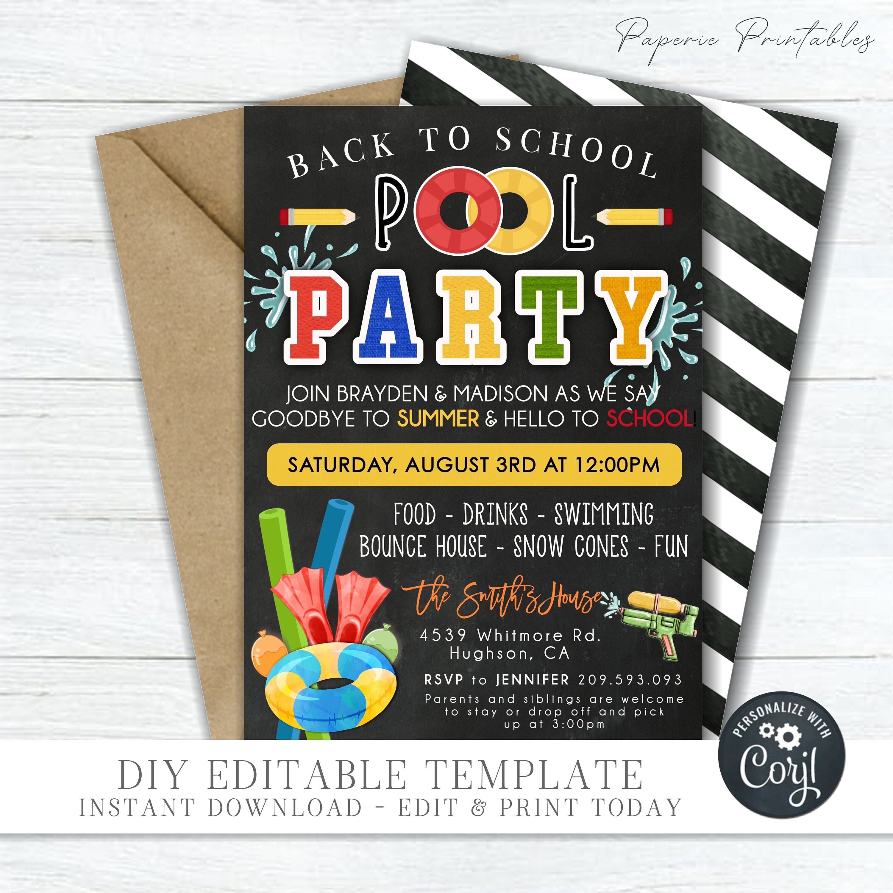Editable Back to School Pool Party Invitation (DIY Corjl Template) - Etsy