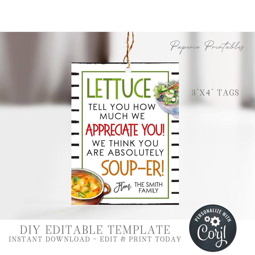EDITABLE Salad Appreciation Gift Tag, Teacher Appreciation Tag, Thank ...