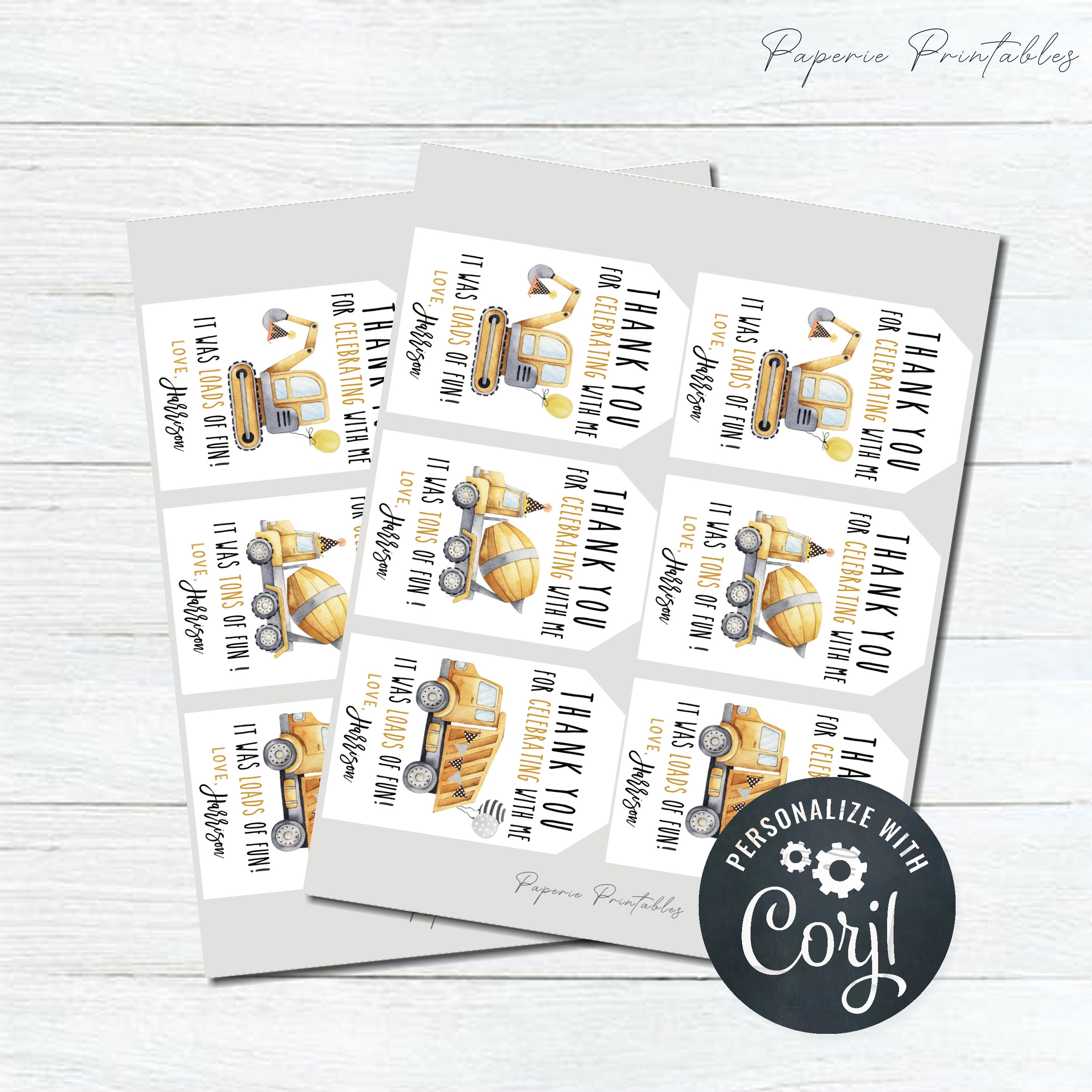 EDITABLE Construction Birthday Party Favor Tags DIY Party - Etsy