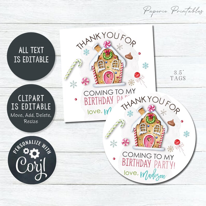 Gingerbread Birthday Thank You Tags: Editable Party Favors (digital ...