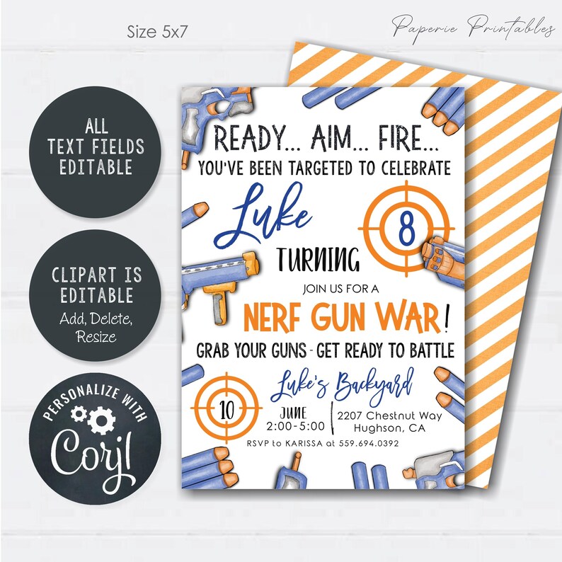 Editable Dart Gun Birthday Invitation: Dart Gun Party Invitation, Foam ...