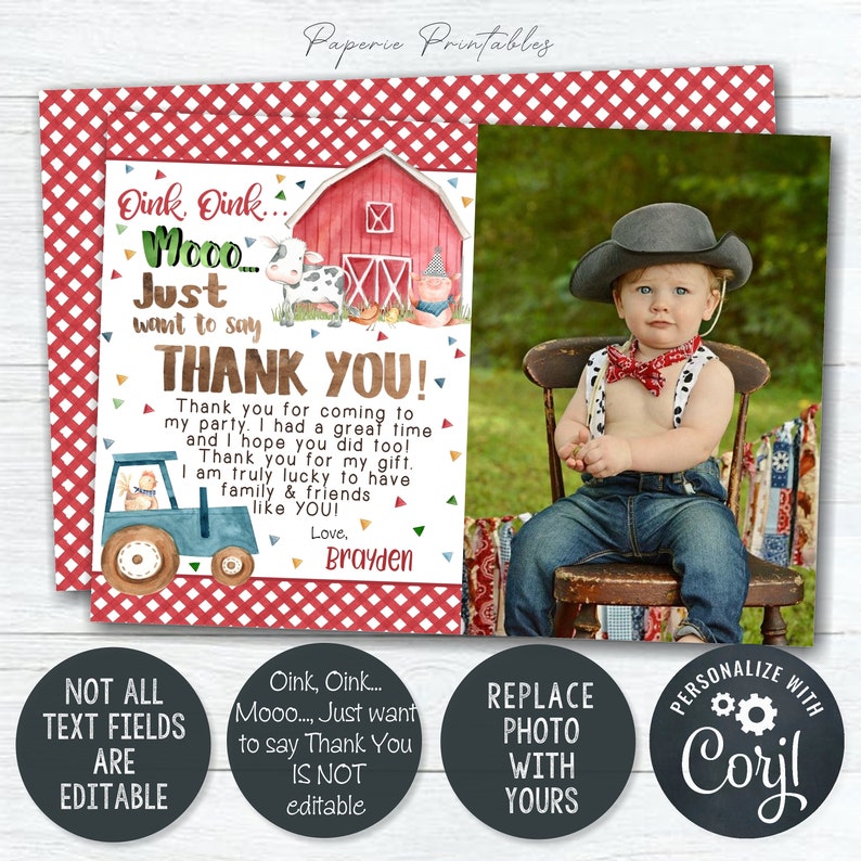 EDITABLE Farm Birthday Thank You Card DIY Farm Birthday - Etsy