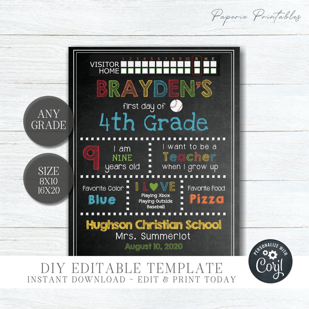 EDITABLE First Day of School Sign, Baseball Theme Back to School Sign ...