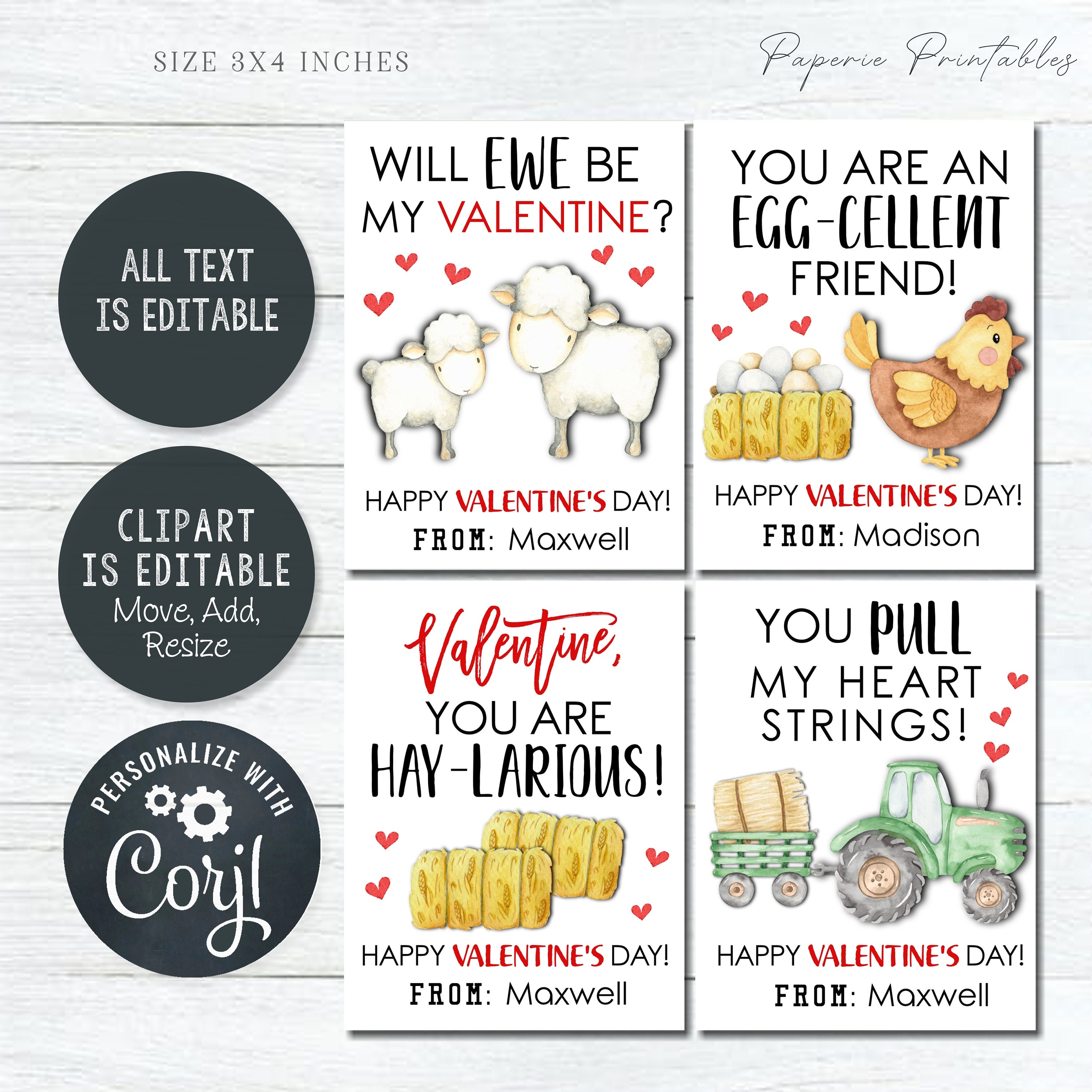 Editable Farm Animal Valentine Cards: Kids Valentine's Day Tags (DIY ...
