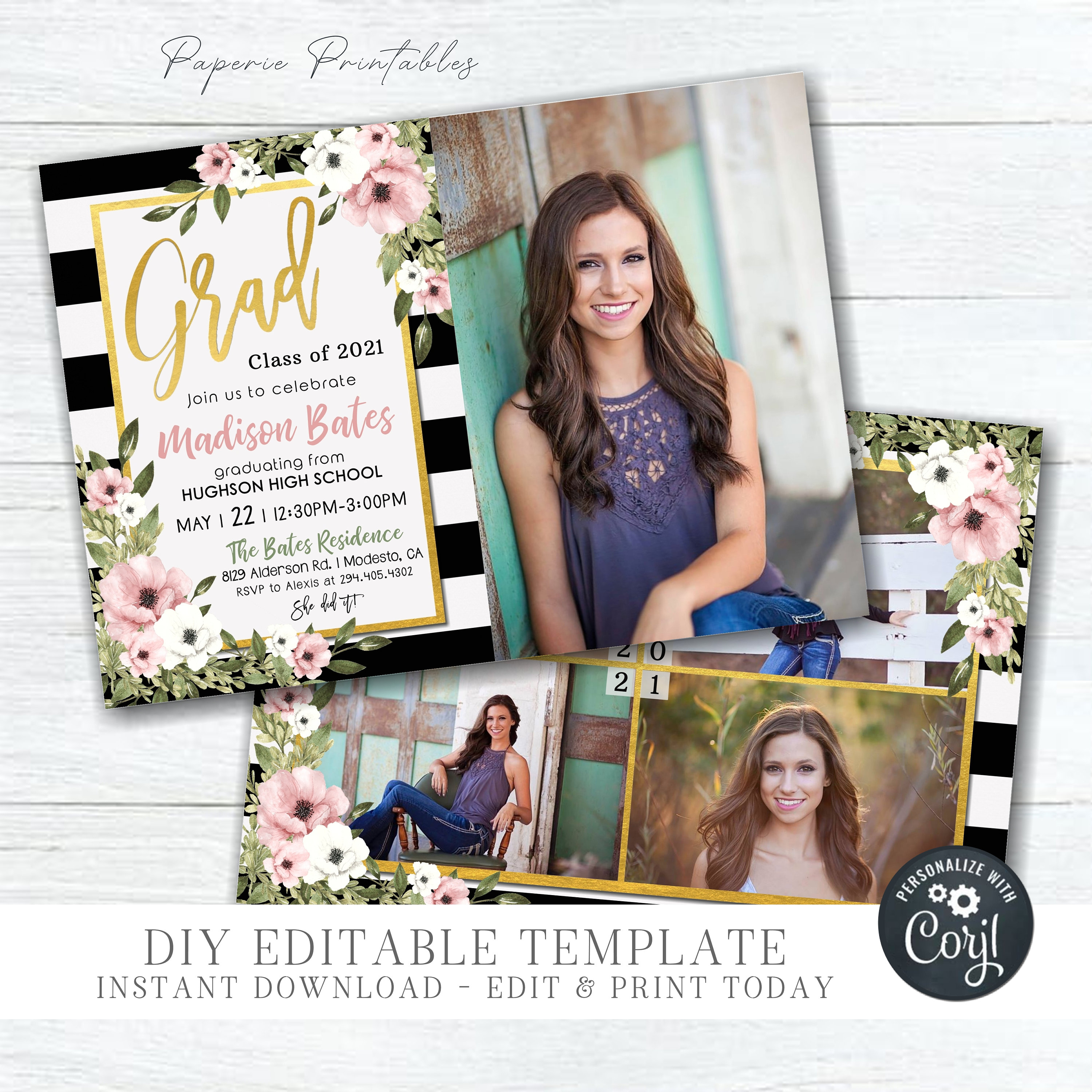 Editable Graduation Party Invitation: Gold Foil Floral Design (DIY ...