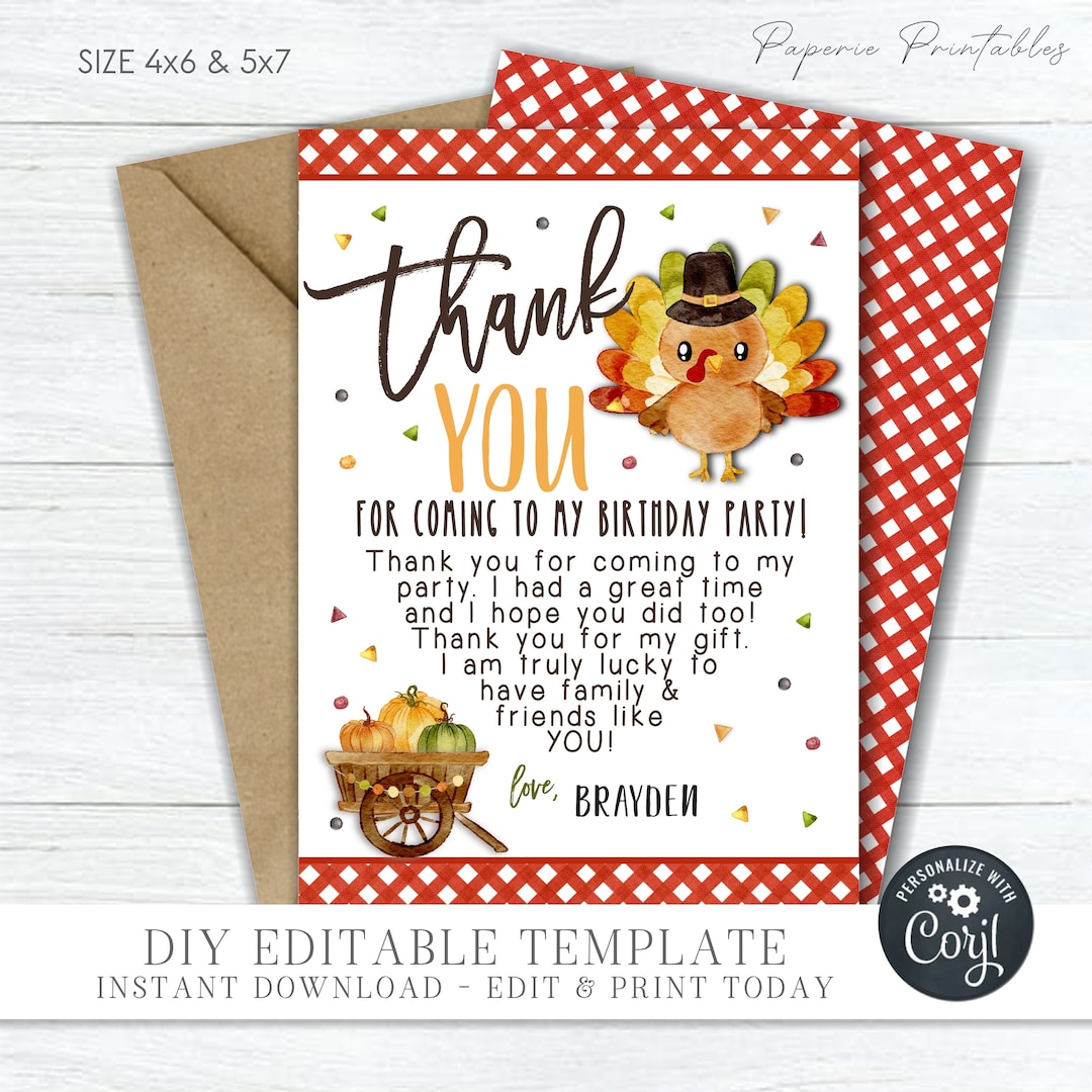 EDITABLE Little Turkey Birthday Thank You Card - Thanksgiving Birthday ...