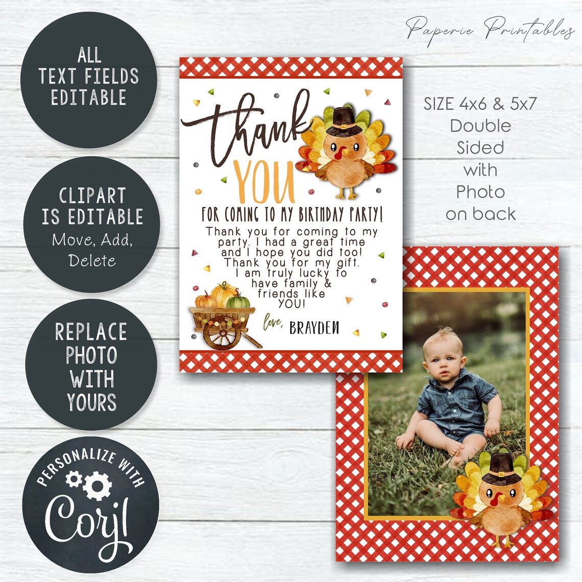 EDITABLE Little Turkey Birthday Thank You Card Thanksgiving | Etsy