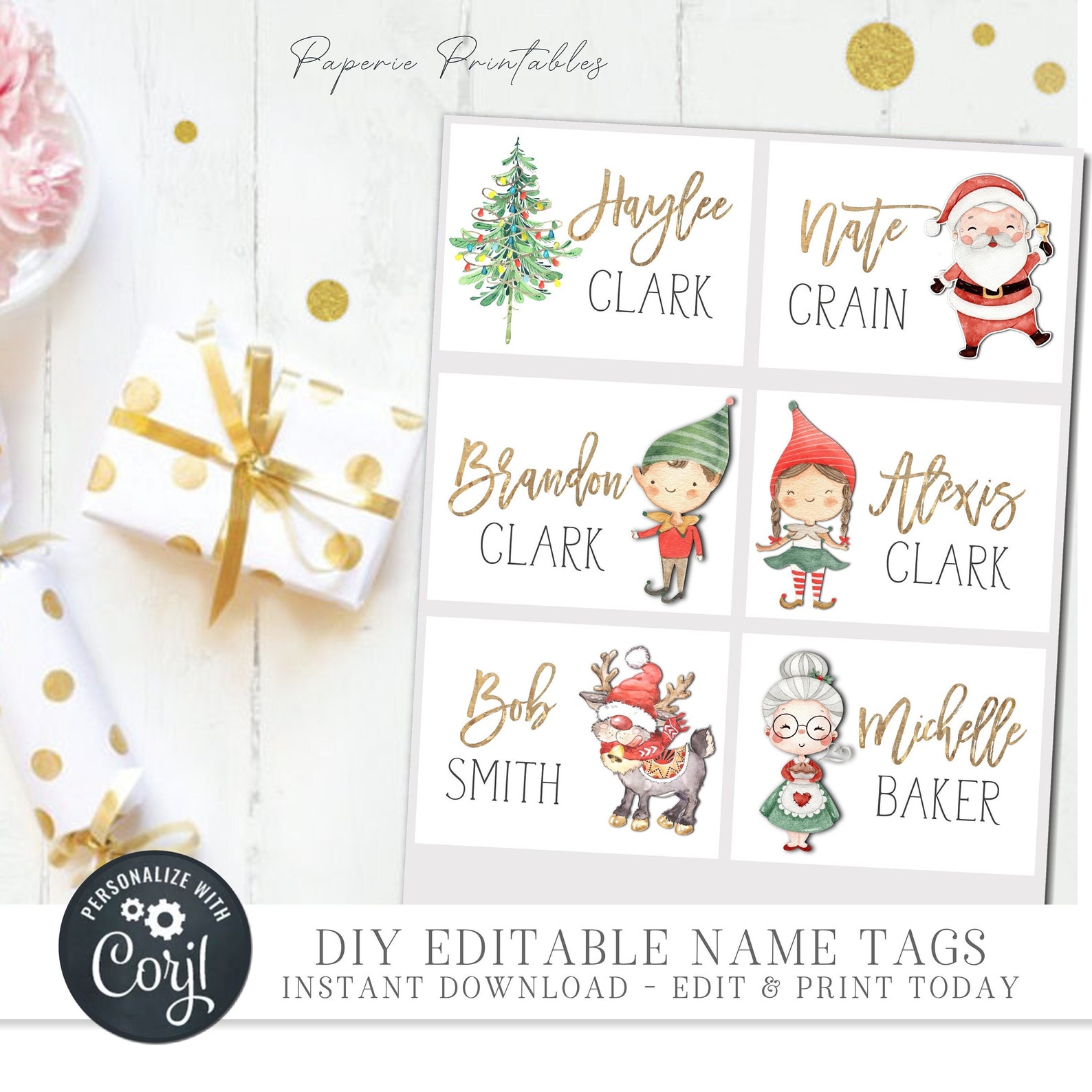 Editable Christmas Name Tag Labels, Name Tags, Holiday Name Tag Labels ...